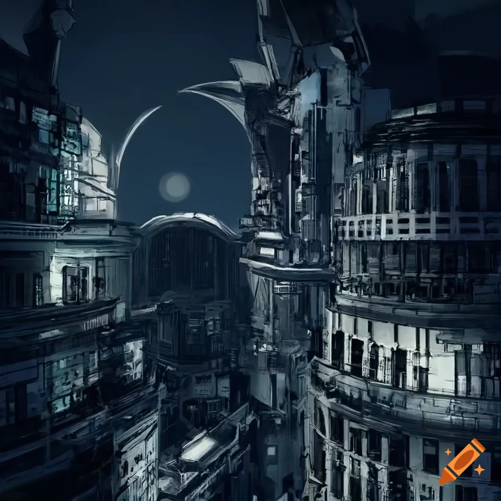 Megastructure architecture with women under a full moon in a sci-fi ...