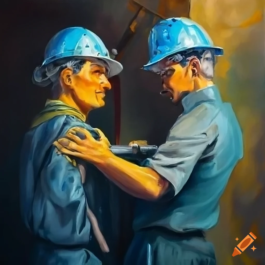 Oil painting of two gas engineers working at Systems Gas on Craiyon