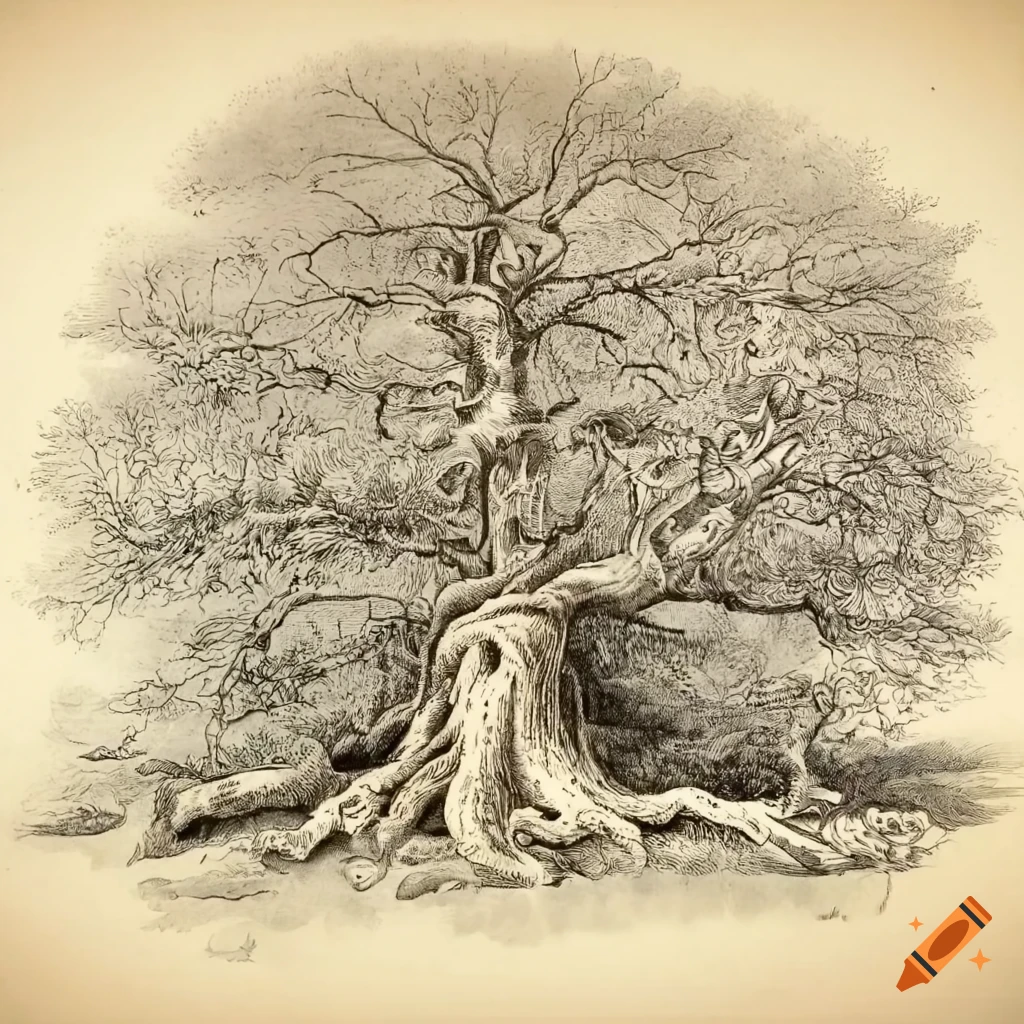 Detailed centuries-old botanical tree drawings in antique ink style on ...