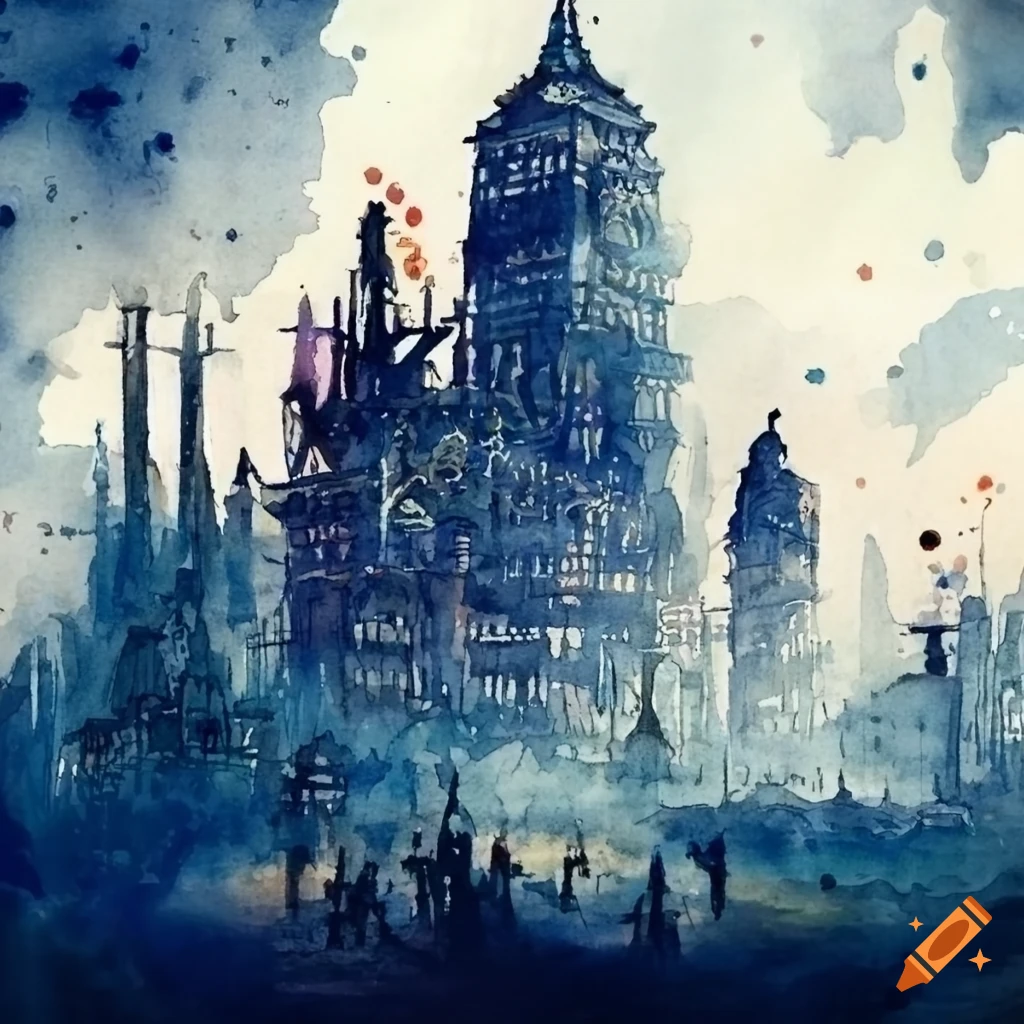 Japanese steampunk city in watercolor on Craiyon