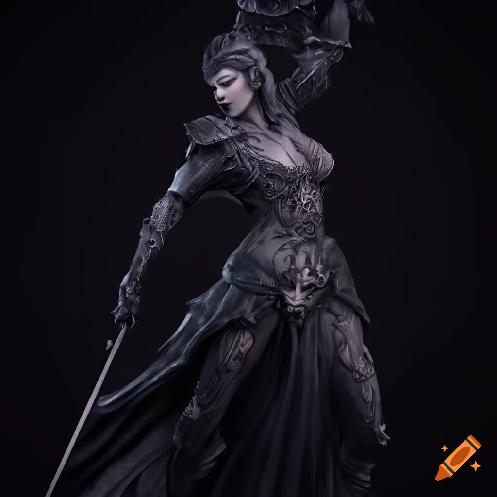 Intricately detailed dark fantasy female warrior with Kriegsmesser sword in bloom effect on Craiyon