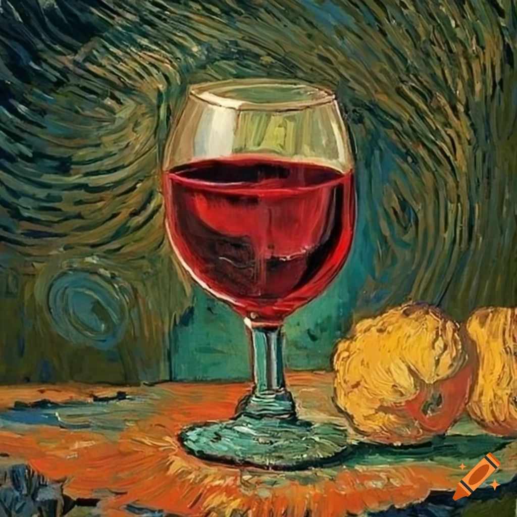 Nature scene with a glass of red wine in a painting by van gogh on Craiyon