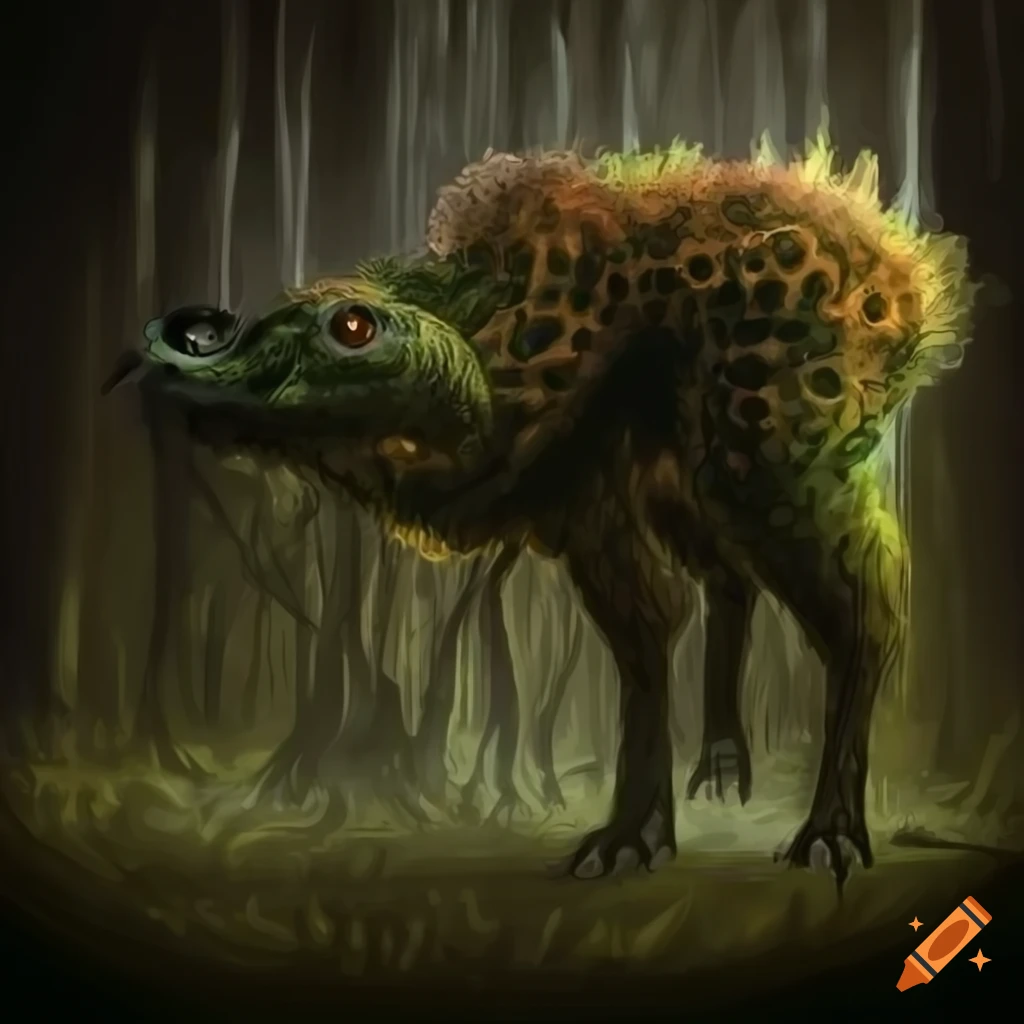 Detailed illustration of a bloated swamp dog in a spooky swamp on Craiyon