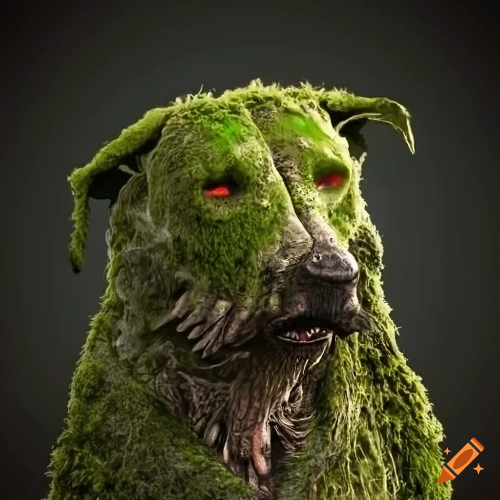Detailed illustration of a bloated swamp dog covered in moss in a ...