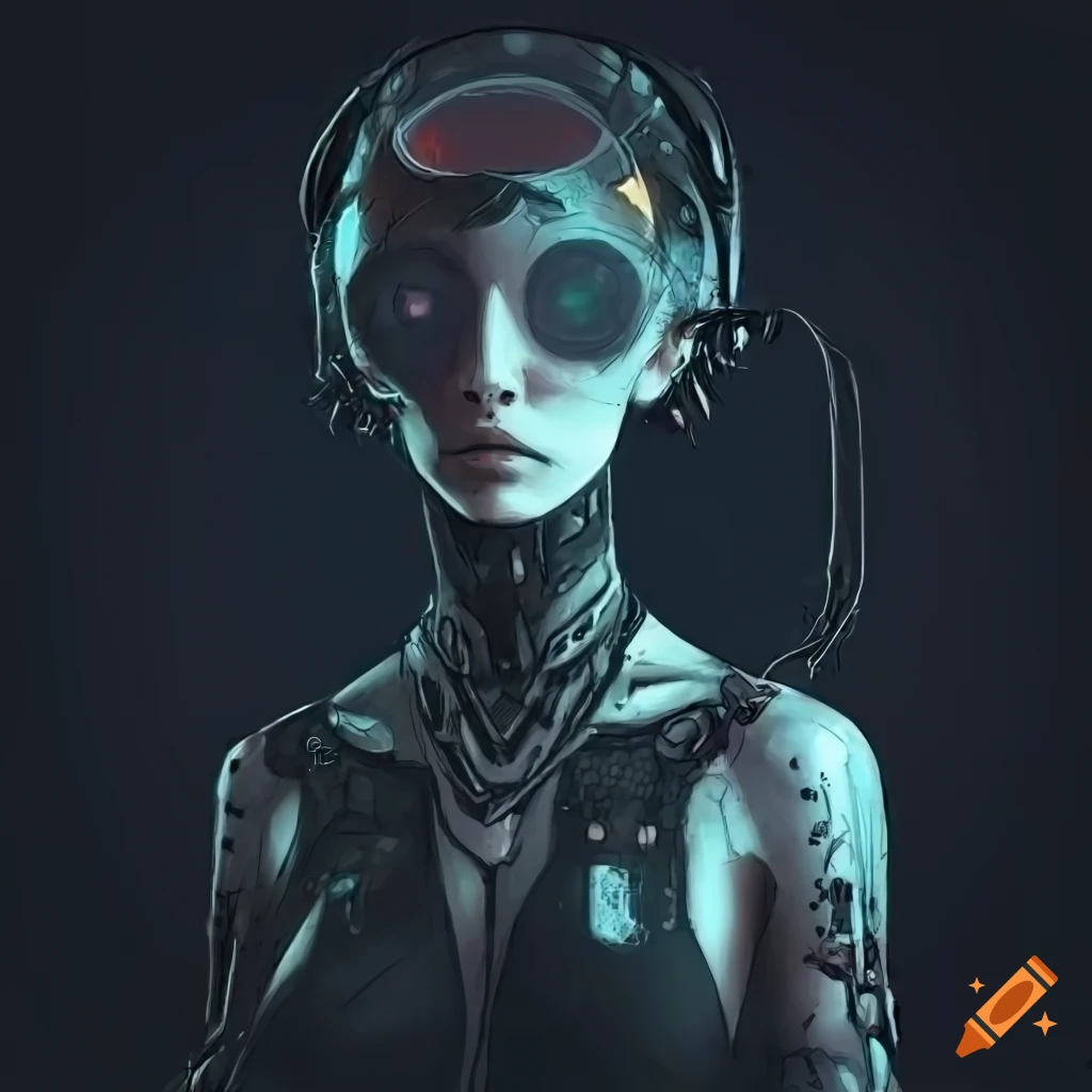 Cyborg woman in a futuristic megastructure under a full moon in black ...