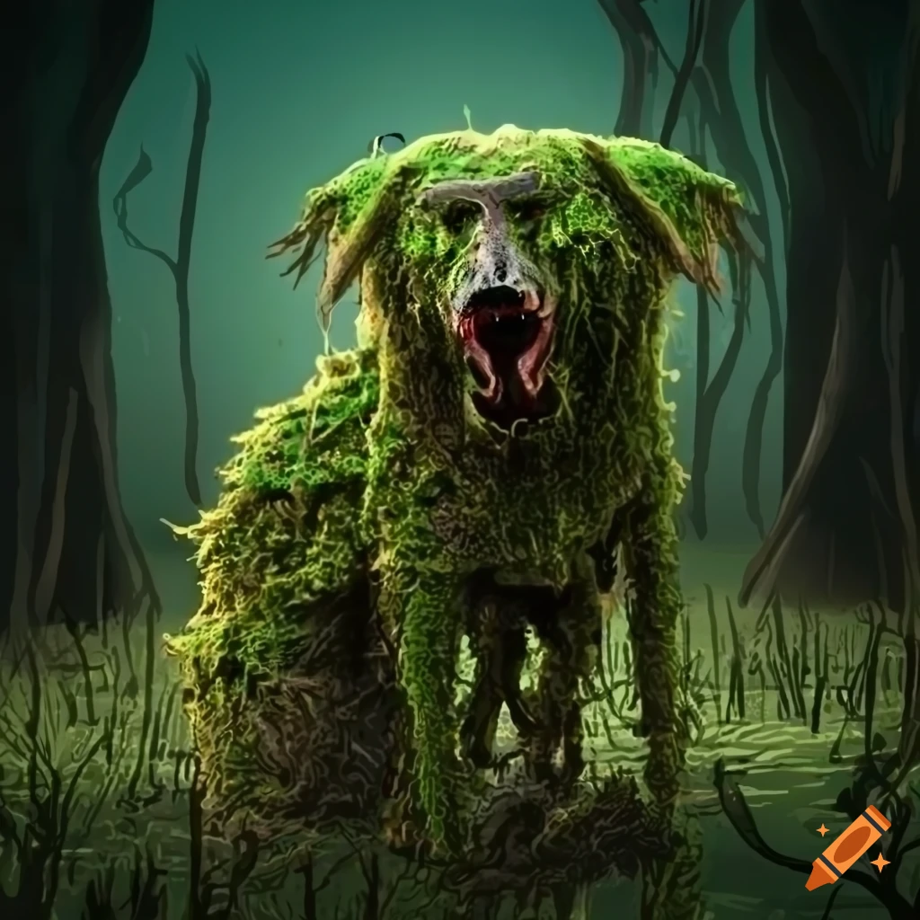 Detailed illustration of a bloated swamp dog covered in moss in a ...