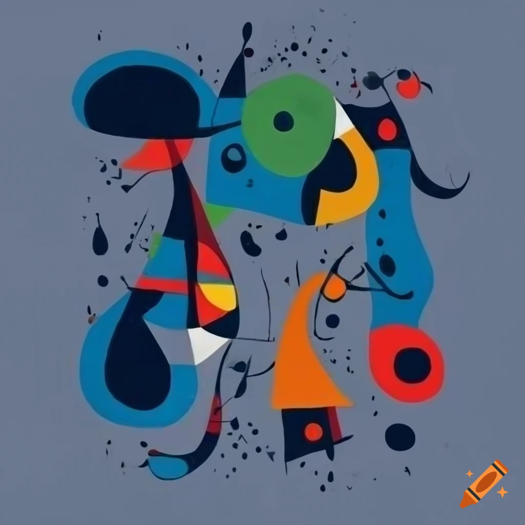 Surrealist red, yellow, white, and blue creatures and plants in Miro ...