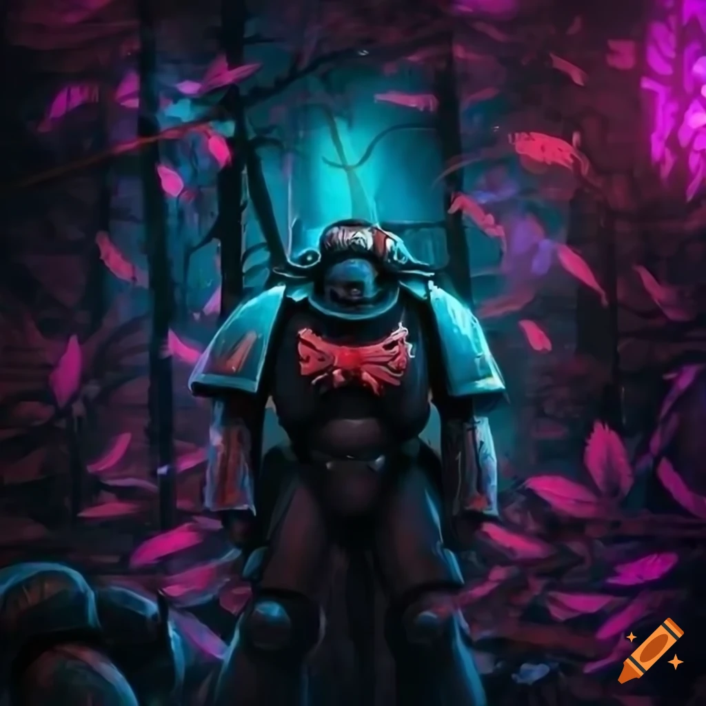 Neon cyberpunk warhammer 40K Space marine in a black forest with neon ...