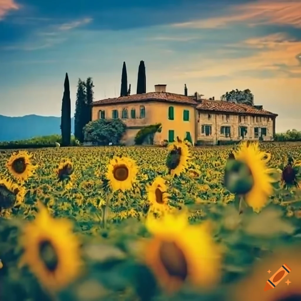 Traditional Italian villa surrounded by vineyards and sunflowers in ...