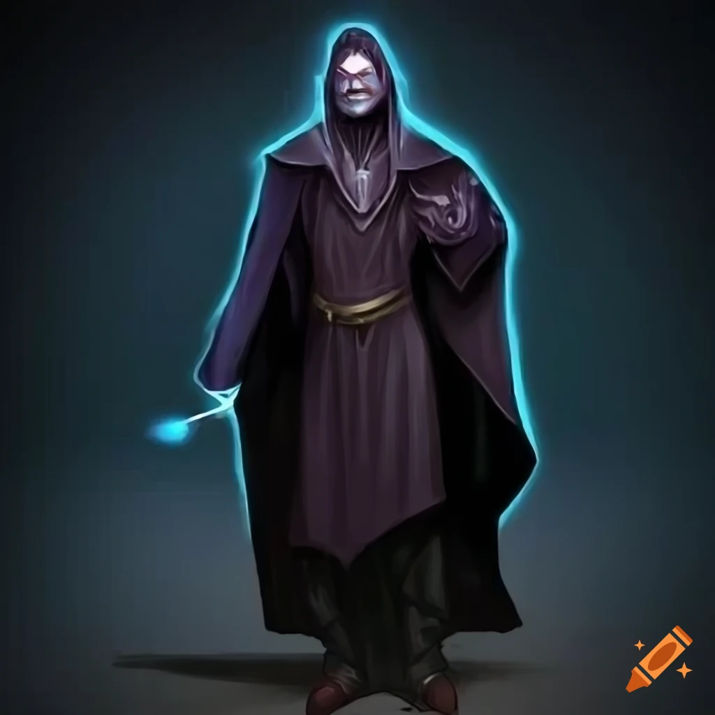 Male mage in black cloak using dark magic with glowing eyes on Craiyon
