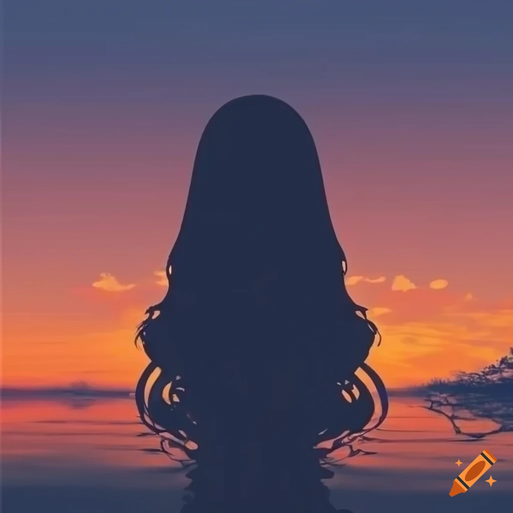 Silhouette of long hair at sunset on Craiyon