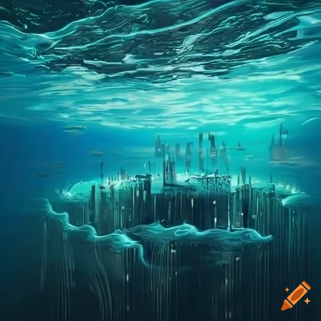 Underwater city design with eco-friendly features like wave turbines ...