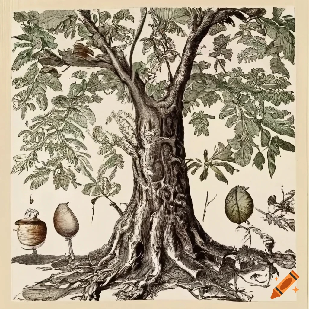 Detailed centuries-old botanical tree drawings in antique ink style on ...