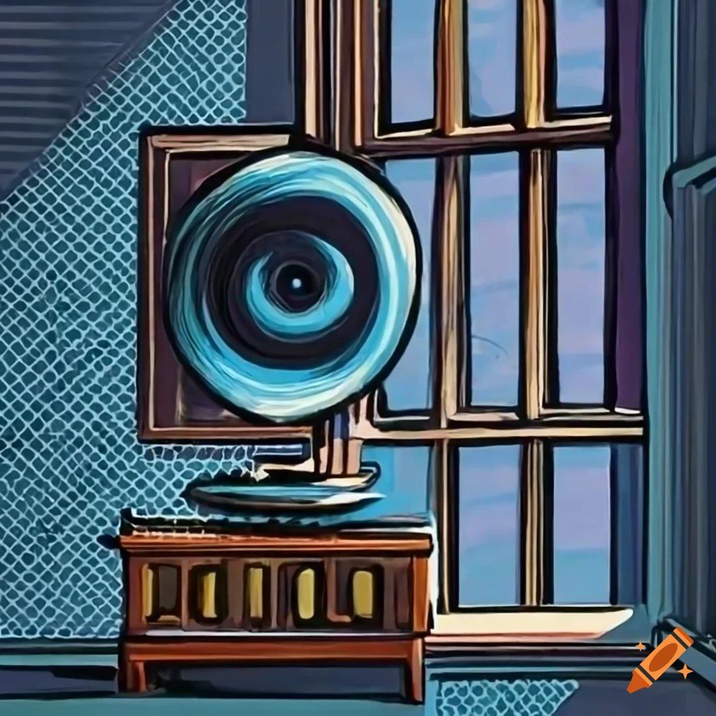 Lichtenstein inspired drawing of a victrola in a window on Craiyon