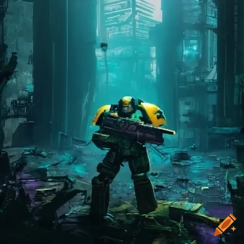 Cyberpunk Space Marine in neon forests and decaying ruins on Craiyon