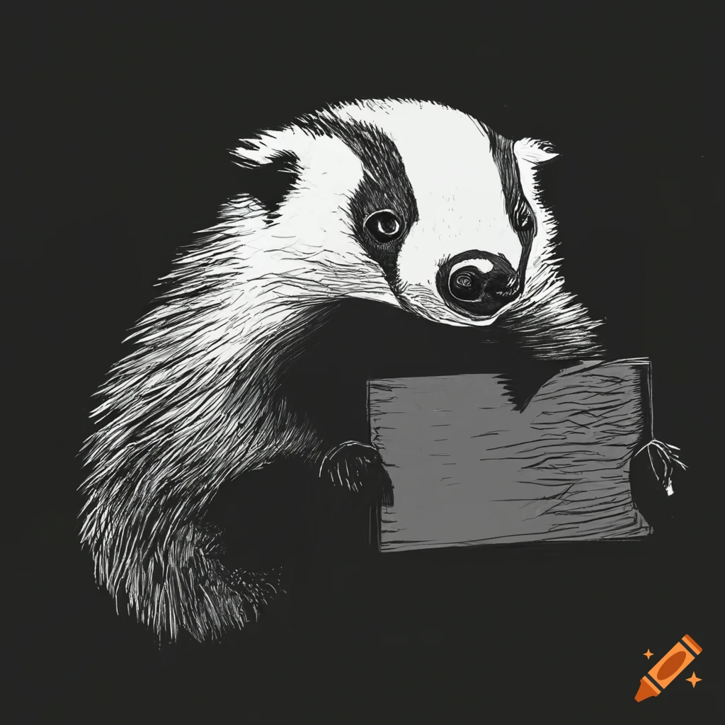 Meticulously drawn badger with old school notepad and pen in black and ...