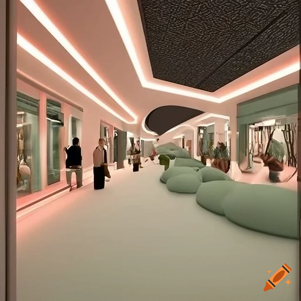 Realistic 3D rendering of a mall interior with shoppers in a ...