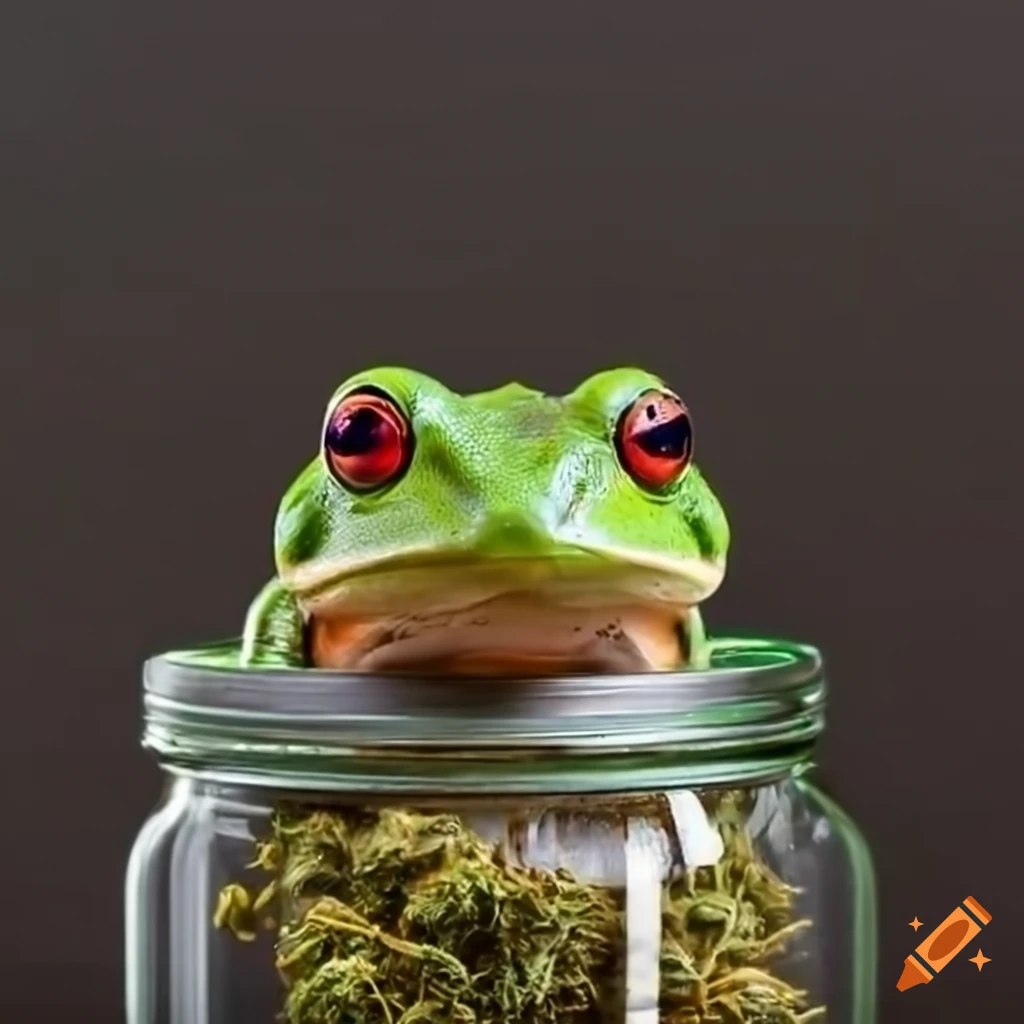 Jar of cannabis with grumpy frog on Craiyon