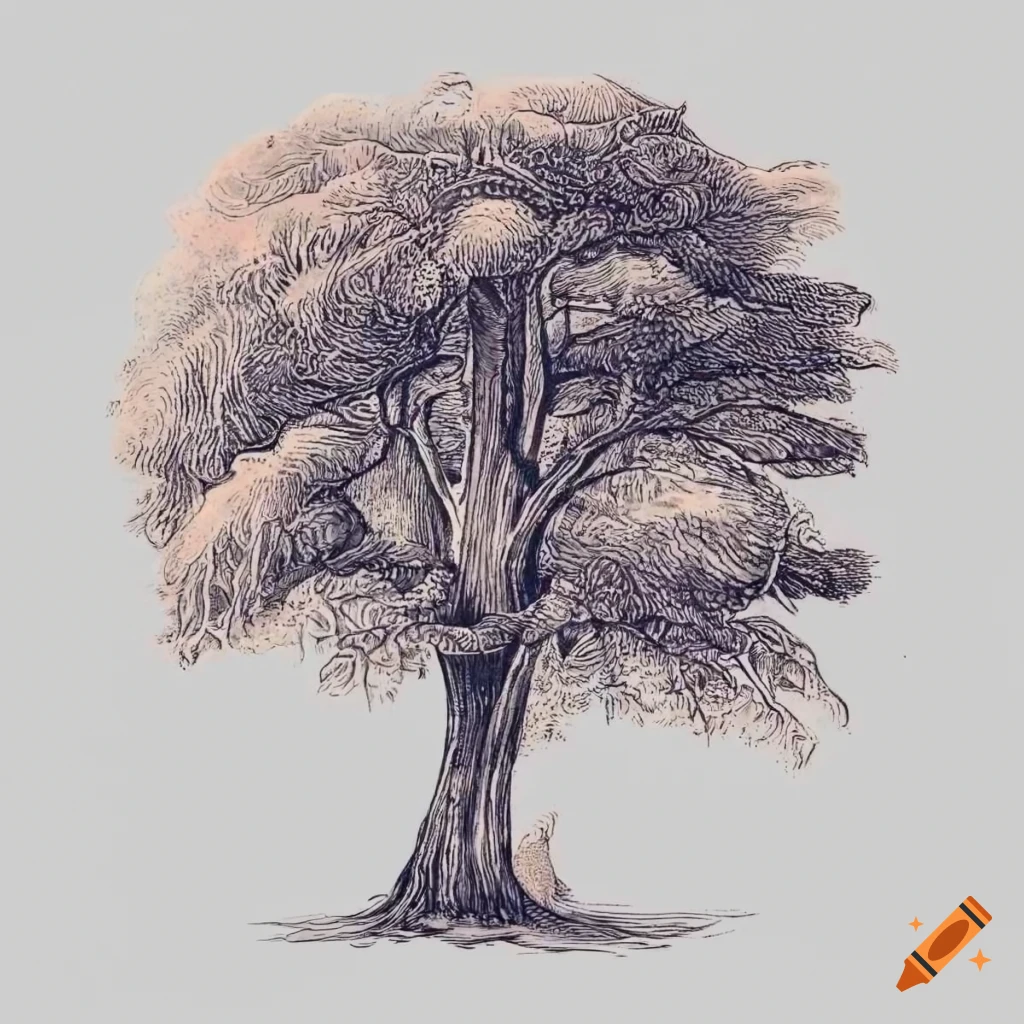 Botanical drawings of trees in medieval style on transparent background ...