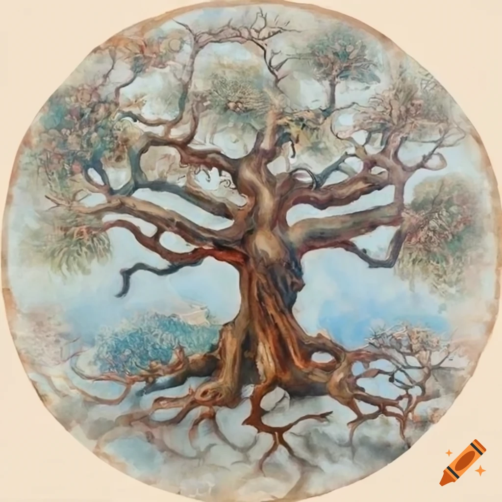 Masterpiece painting of transcendent trees in ancient botanical style ...