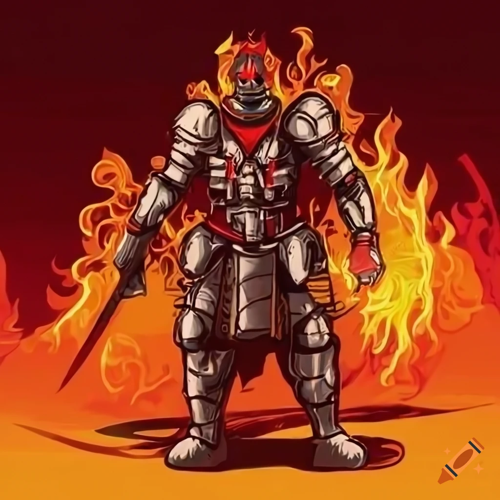 Fire tribe soldier in white armor with a red helmet in a fiery ...