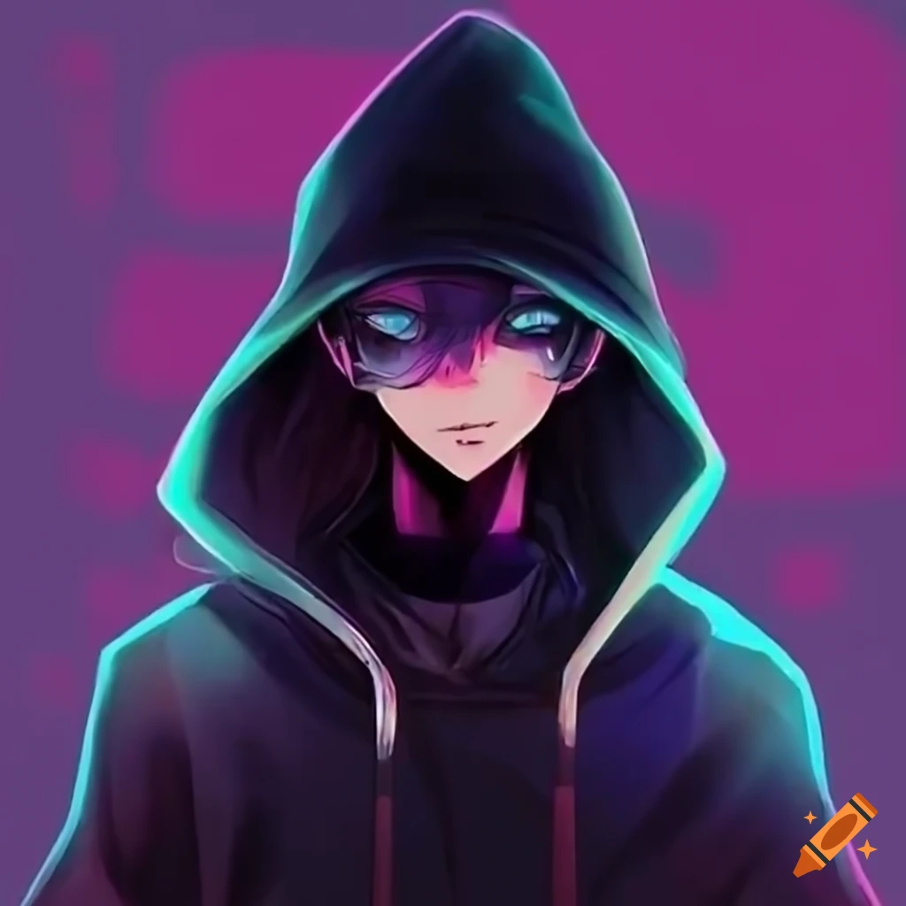 Anime male character with eye mask and black hat in a cyberpunk studio ...