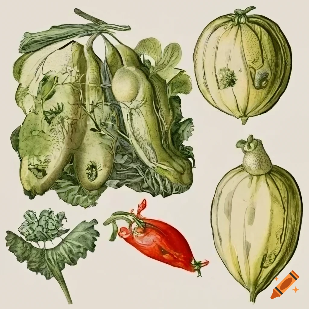 Medieval style botanical drawings of vegetables with herb names on ...
