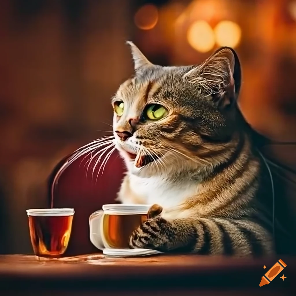 Cat at a rustic pub, possibly sipping tea on Craiyon