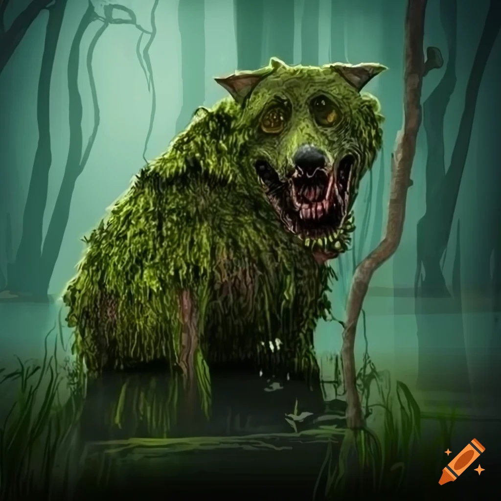 Detailed illustration of a bloated swamp dog covered in moss in a ...