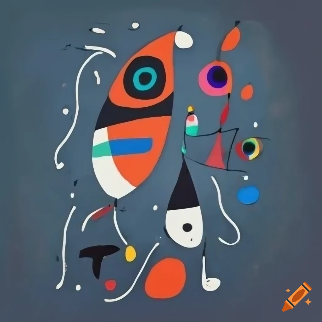 Surrealist creatures and plants in the style of Miro with red, yellow ...