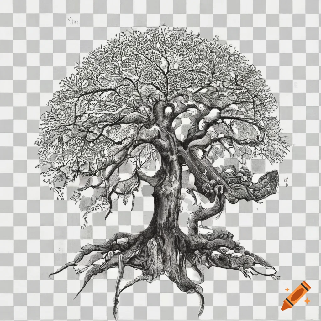 Detailed botanical tree drawings in antique ink style on transparent ...