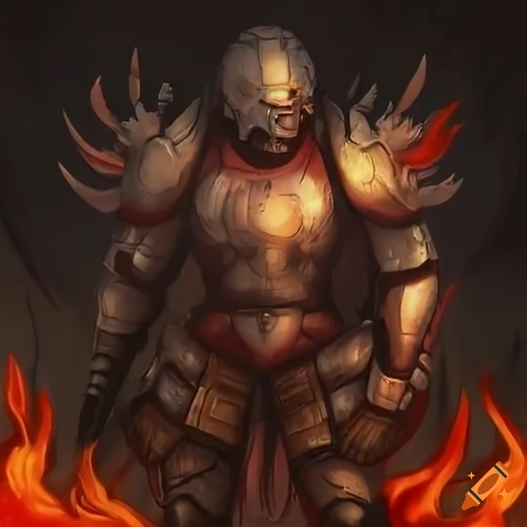 Fire tribe soldier in white armor with a red helmet in a fiery ...