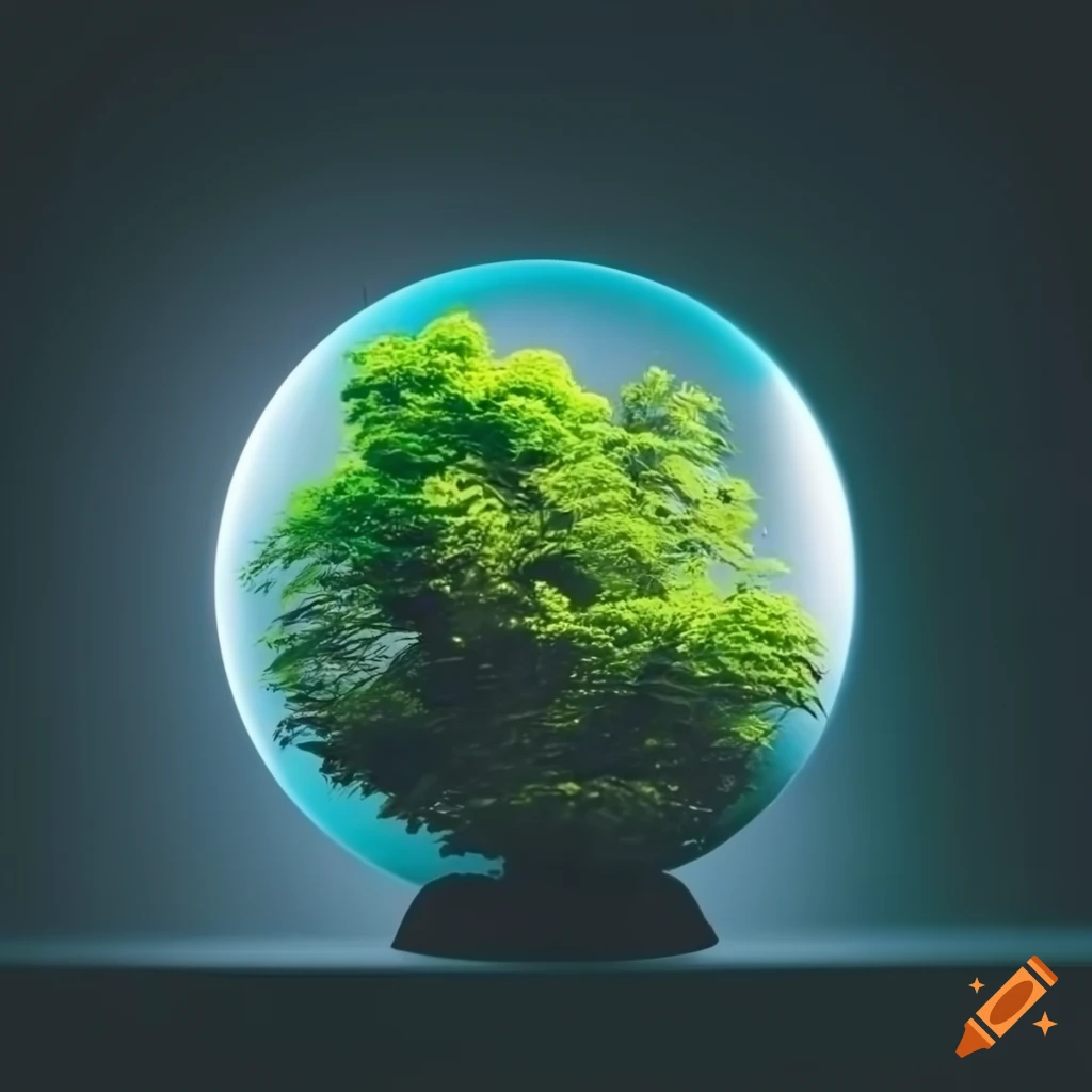 Sphere-shaped forest with light plants on a dark background on Craiyon