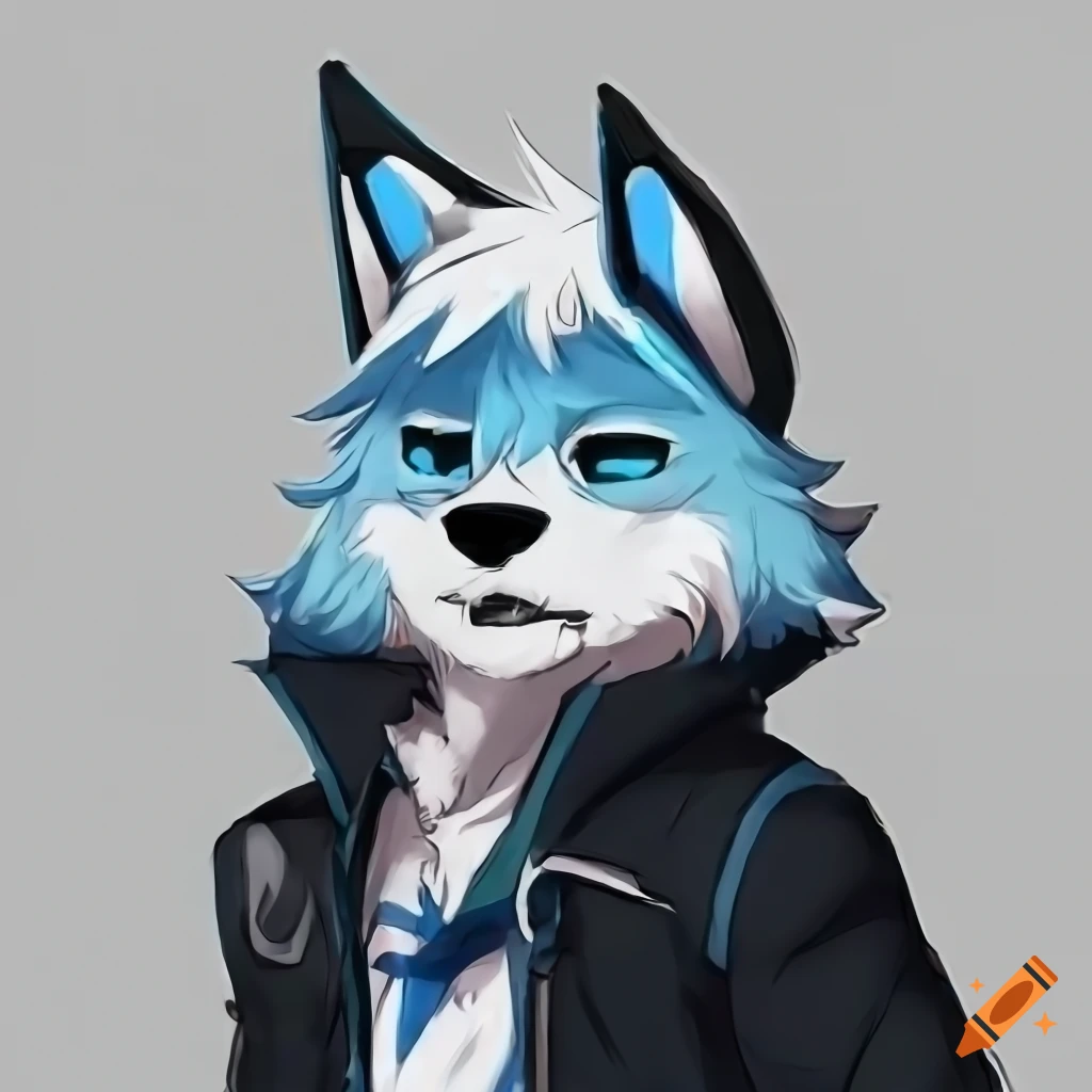 Anthropomorphic male blue wolf with white hair and jacket in furry art ...