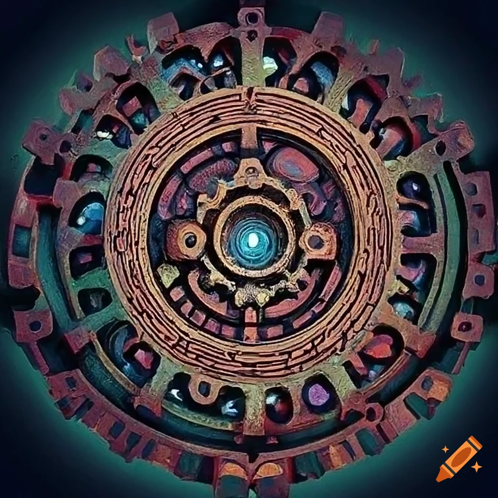 Labyrinthine network of interlocking gears with cryptic symbols and intricate patterns on Craiyon