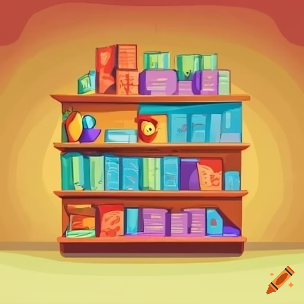 Cartoon style boardgame shelves on Craiyon