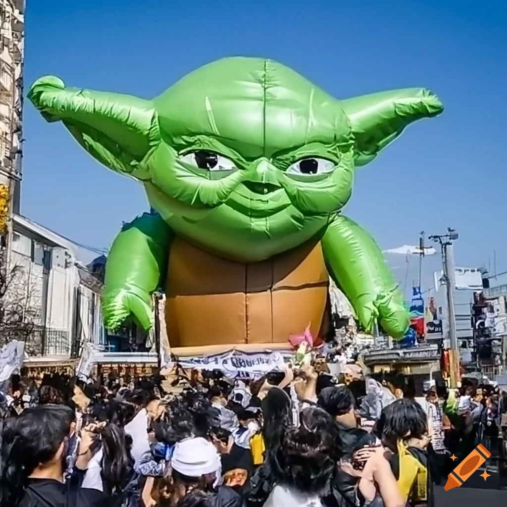 Giant helium Yoda inflatable in a parade in Japan on Craiyon
