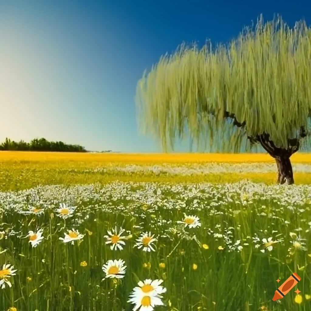 Daisy field with a willow tree on Craiyon