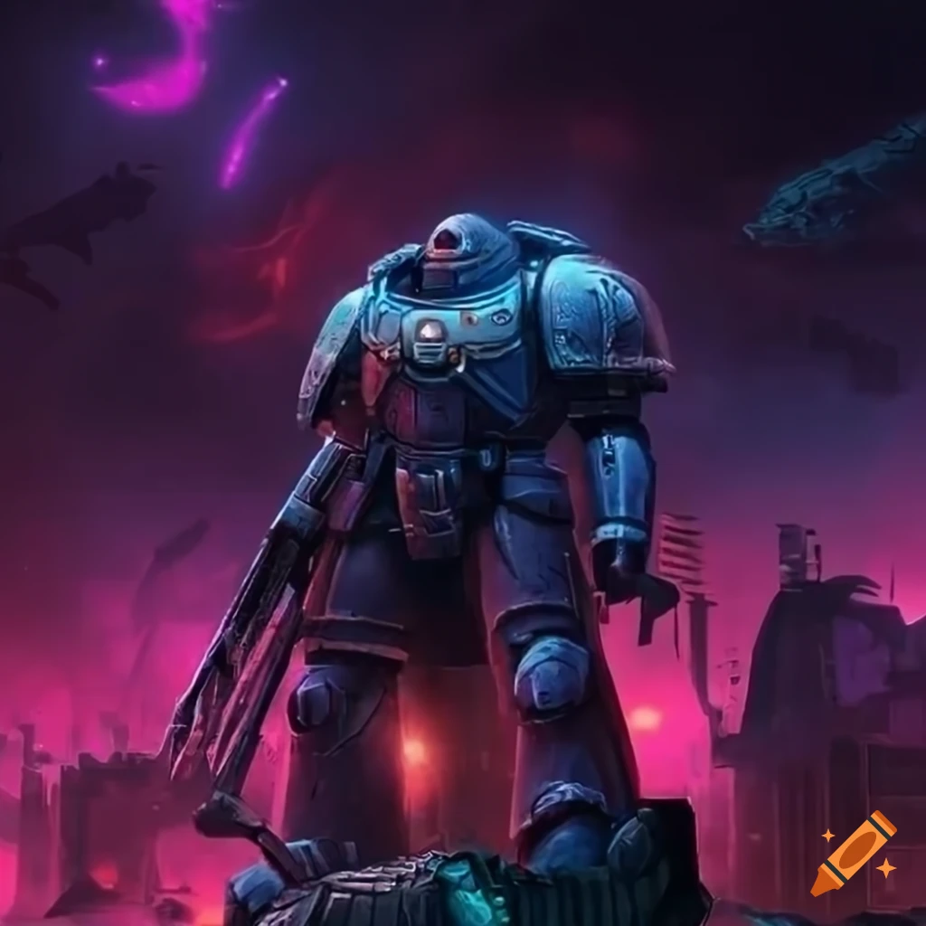 Cyberpunk Space Marine exploring high-tech glowing forests and ...