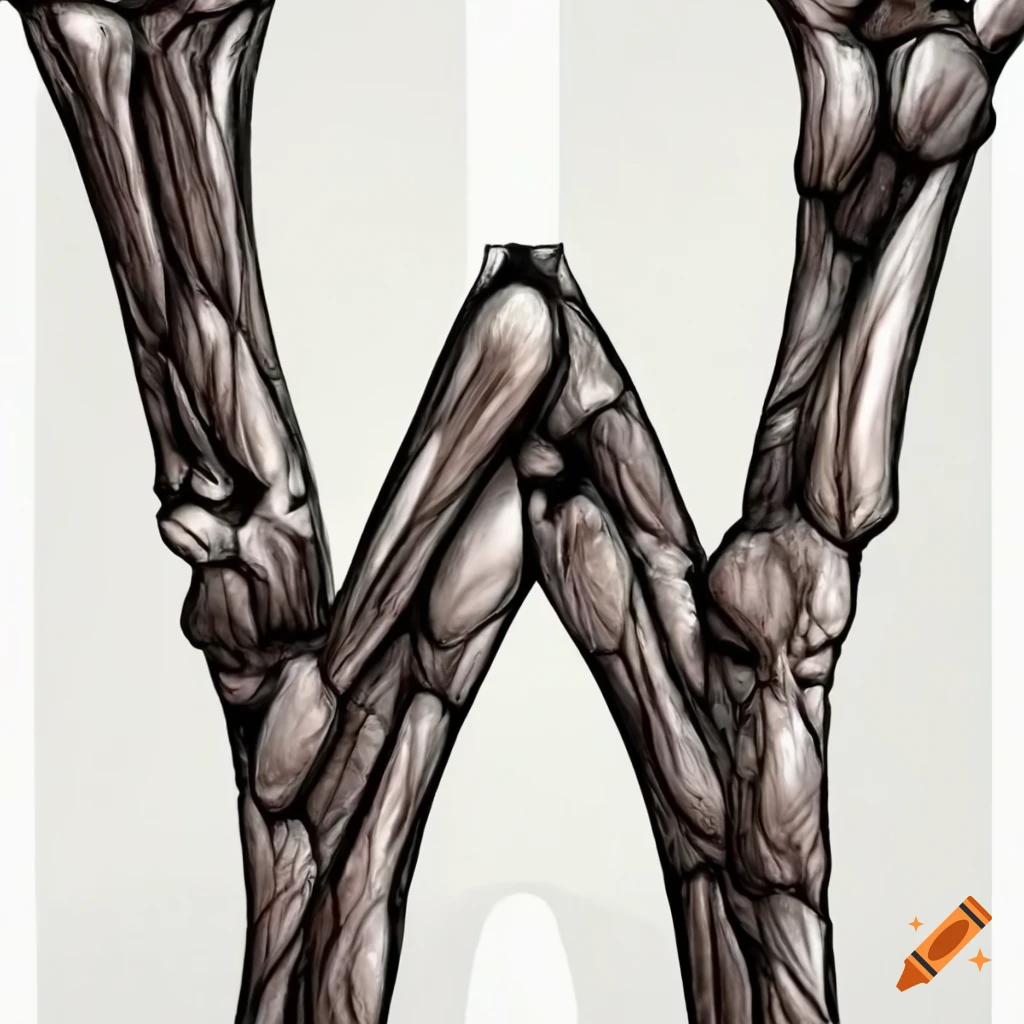 Alphabet letter 'm' sculpted from muscular and bone structures on Craiyon