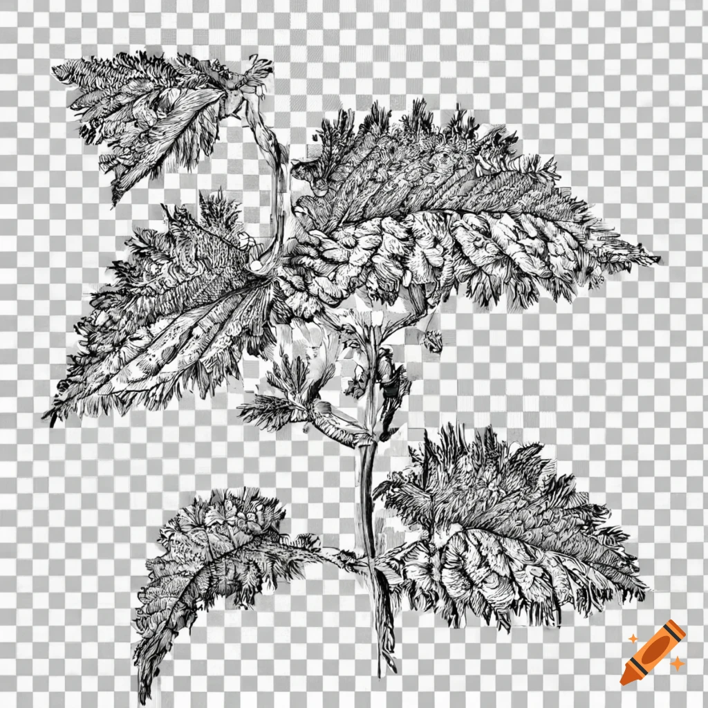 Botanical drawings of nettles in medieval style on transparent ...