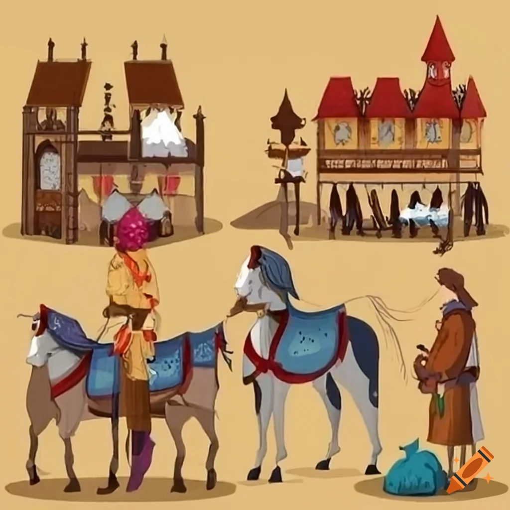 Medieval market scene with three merchants on horseback on Craiyon