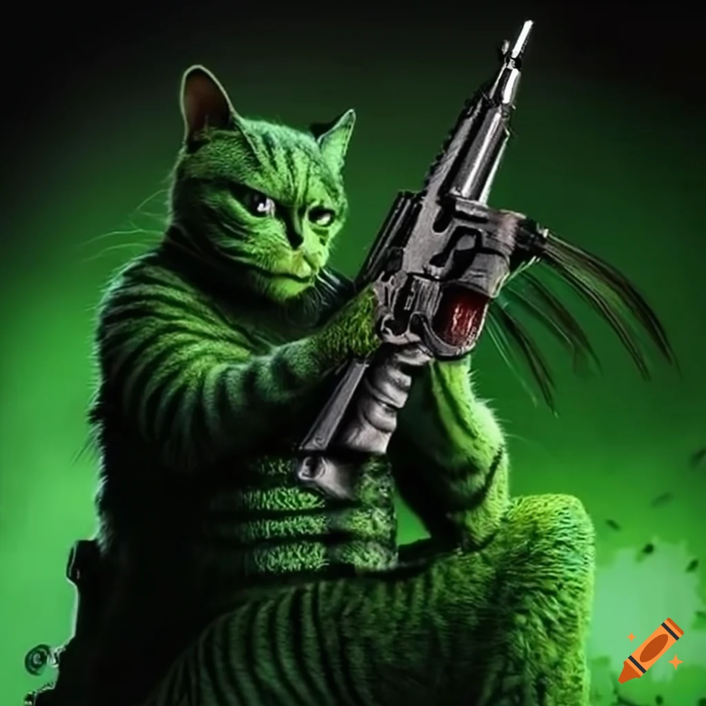 Strong green cat with a big gun on Craiyon