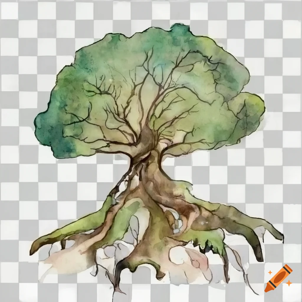 Botanical watercolor drawings of medieval-style trees on transparent ...