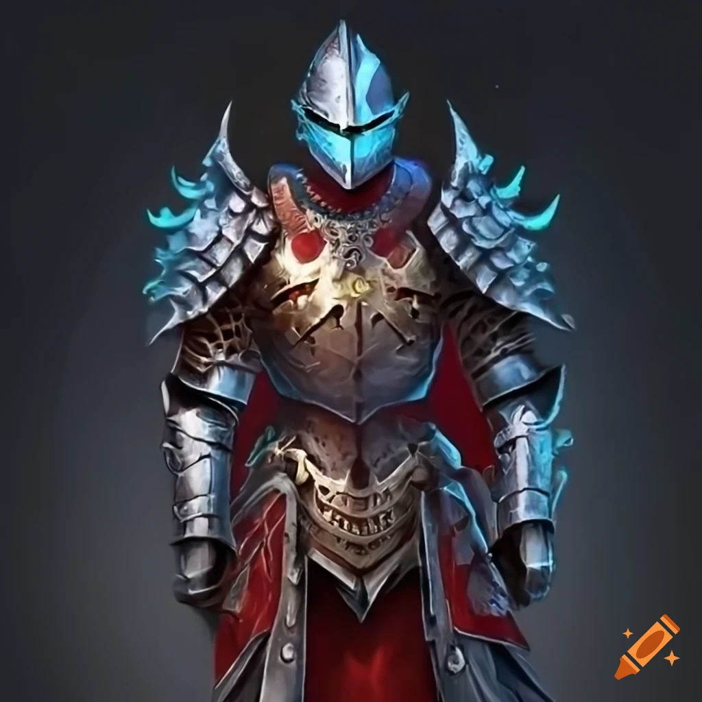 Imposing knight in red armor with glowing blue core on Craiyon