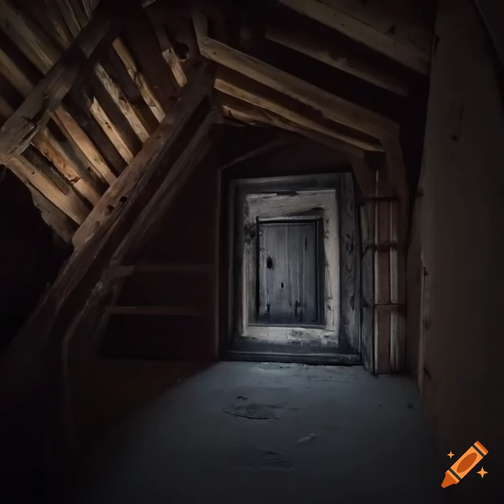 Old attic door slowly opening to reveal darkness within on Craiyon
