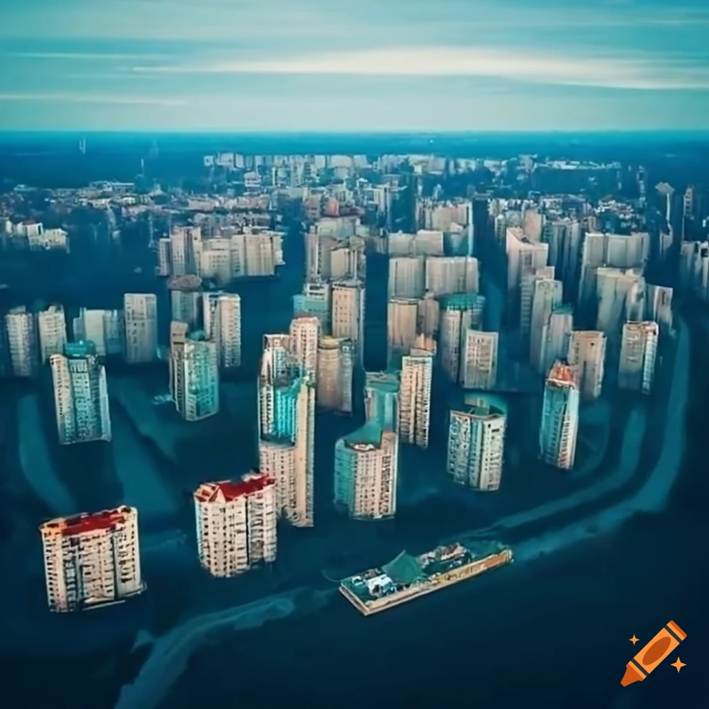 Aerial view of a small city with 4-story communist-style buildings on ...
