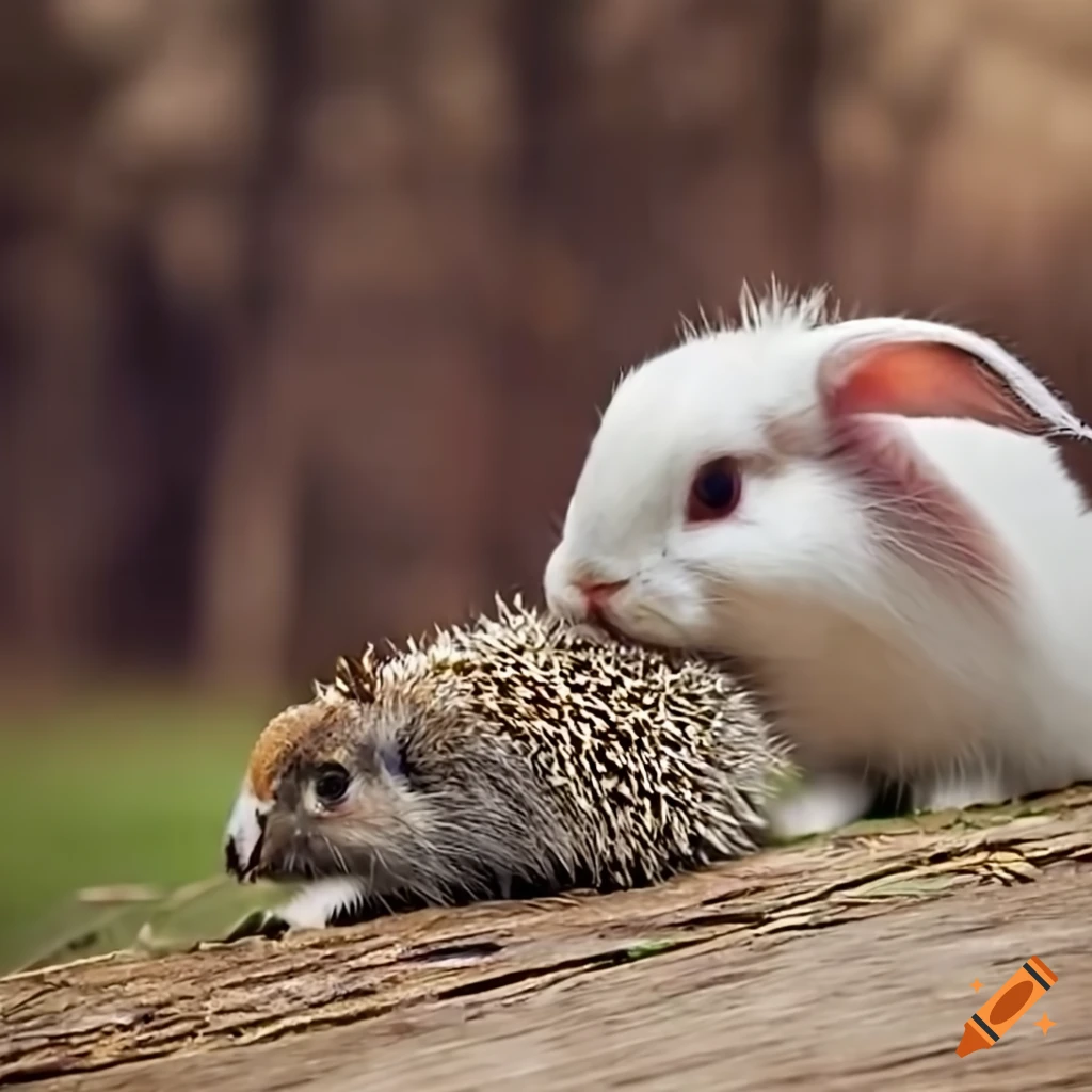 Cute female rabbit putting a ribbon on a male hedgehog on Craiyon