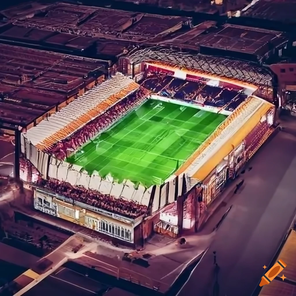 Bradford City AFC's new football stadium with 'BANTAMS' on the seats, aerial view on Craiyon