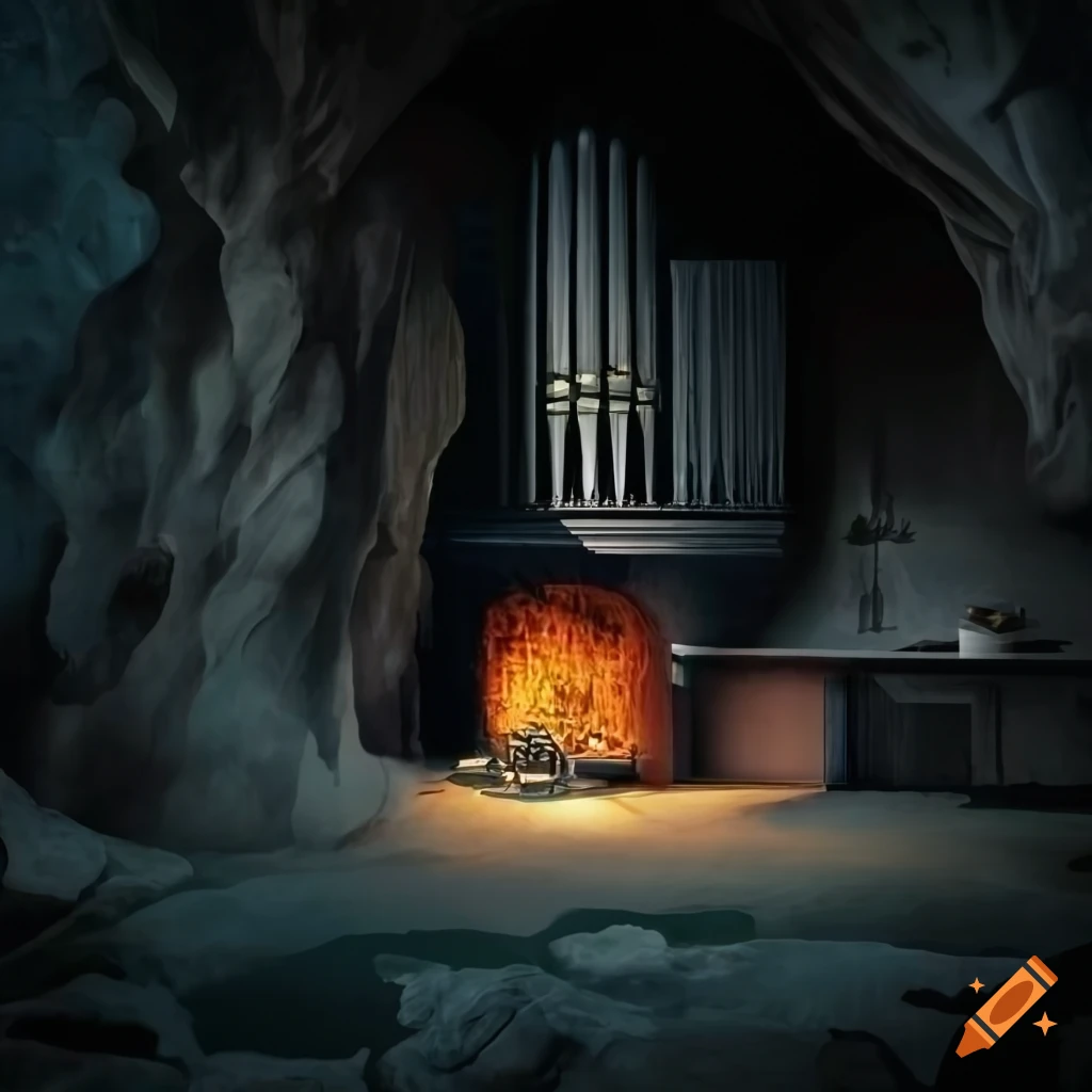 Cave with kitchen oven and pipe organ on Craiyon